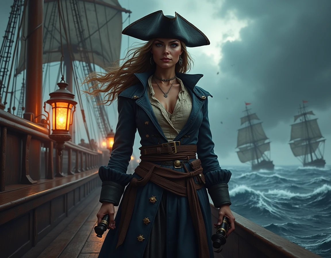 Create a portrait of a fierce pirate captain standing on the deck of ...