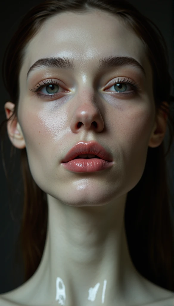 A woman with inflated cheekbones , blickt zum betrachter, big puffy ...