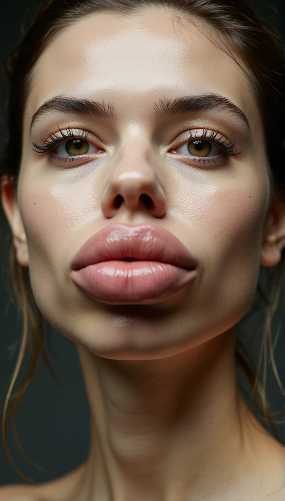 A woman with inflated cheekbones , blickt zum betrachter, big puffy ...