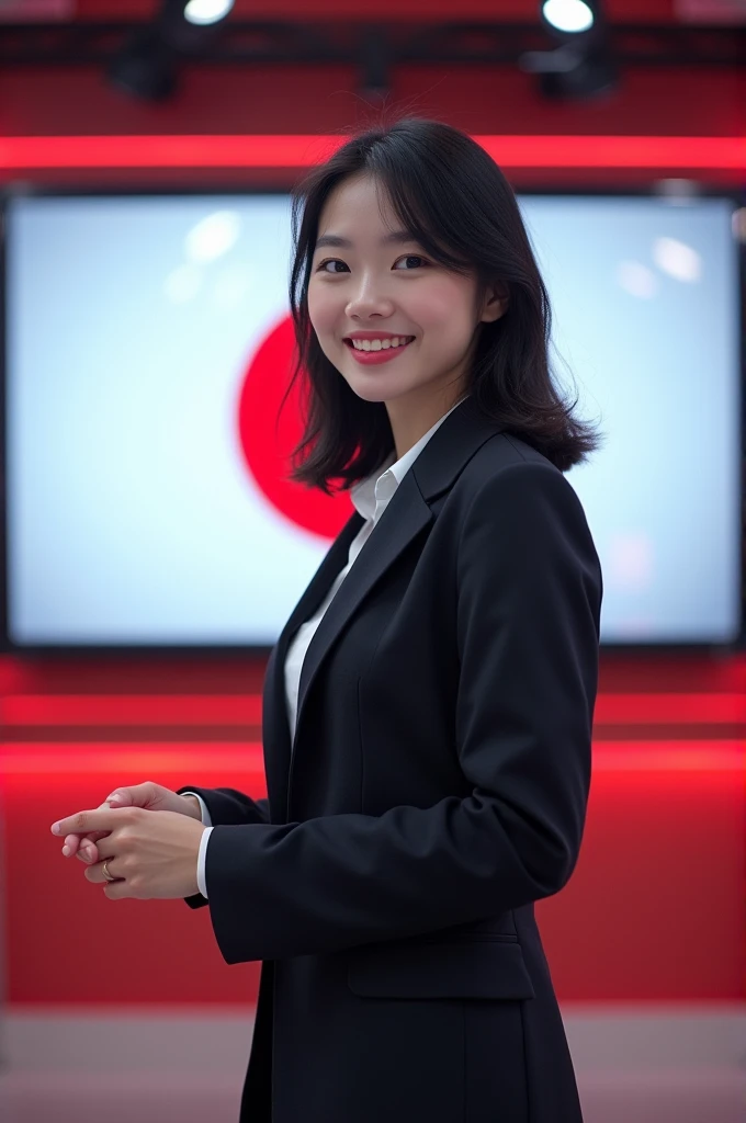 TV screen, Cute Japanese woman, 20 ans, on television , presenter style ...