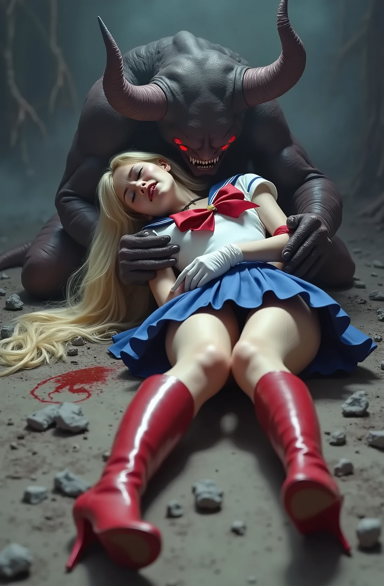 Blond woman in a blue dress and red boots laying on a rock - SeaArt AI