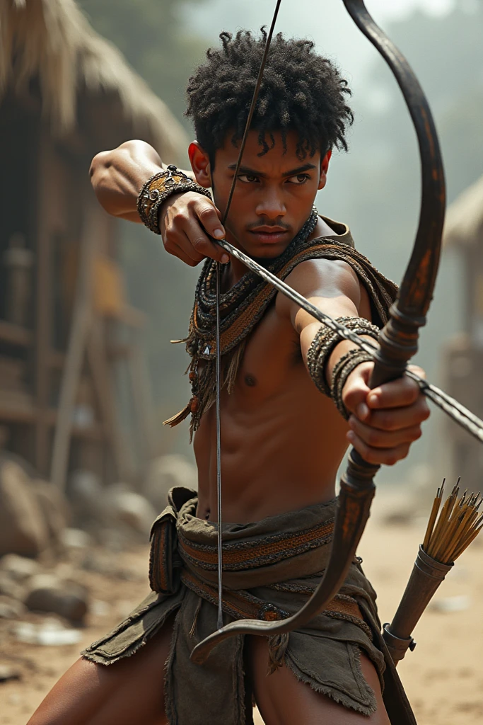 A tribe teen boy aim a enemy's with arrow and bow or with a modern outfits - SeaArt AI