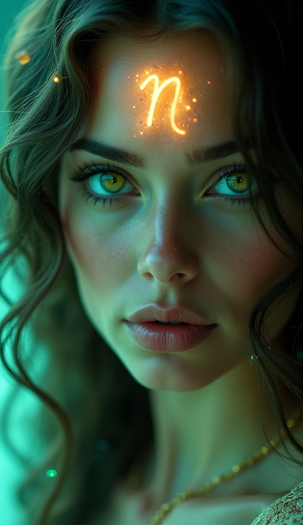 A close-up of a Virgo woman with a mystical and enchanting presence ...