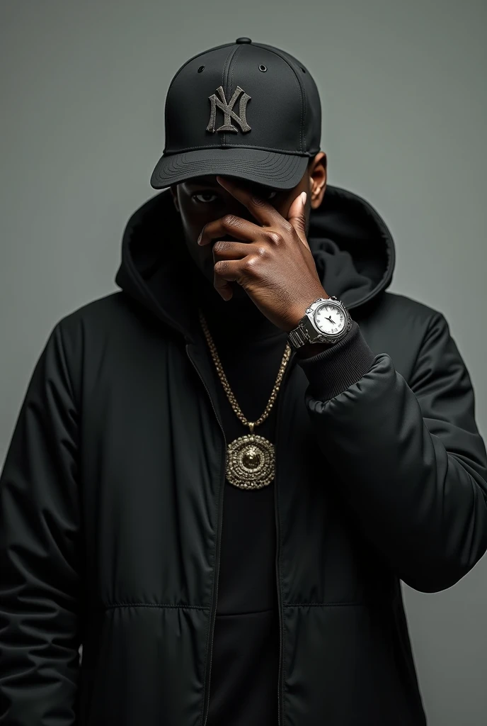 A black rapper with a cap, covering his face with his hand - SeaArt AI