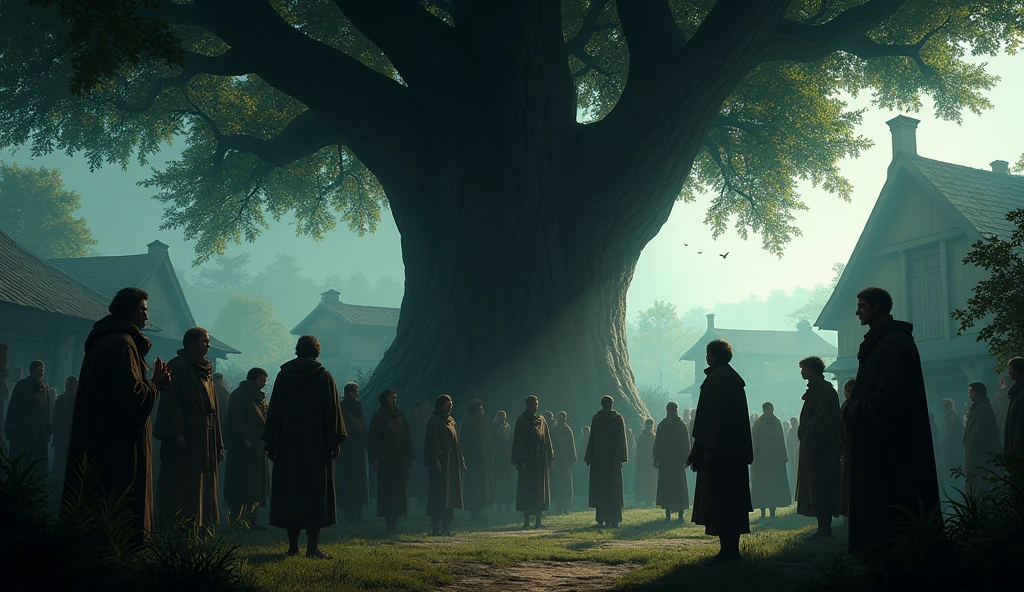 A tense village gathering under a large tree, with worried villagers ...