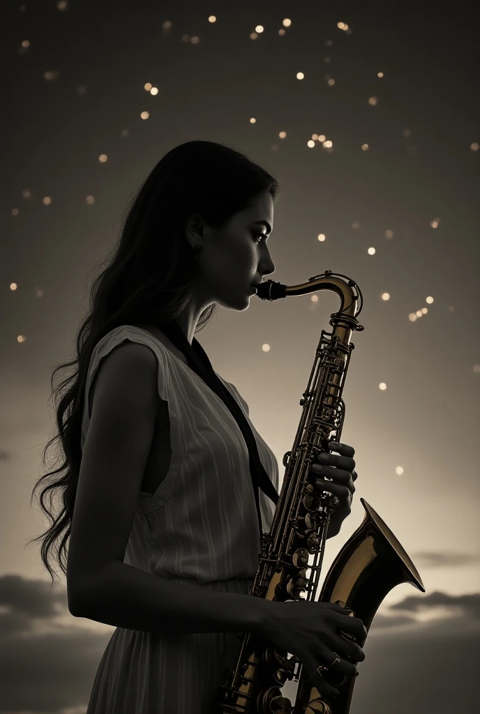 black and white photo, beautiful girl holding a gold saxophone - SeaArt AI
