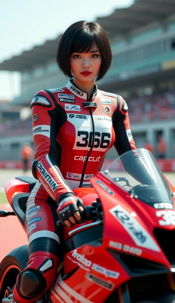 An Indonesian woman with short hair, red lips, big breasts, wearing a ...