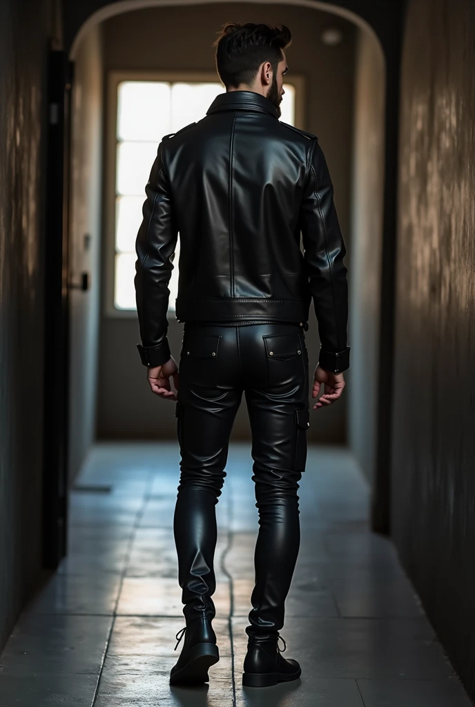 Arafed man in leather pants and a leather jacket standing in a dark ...