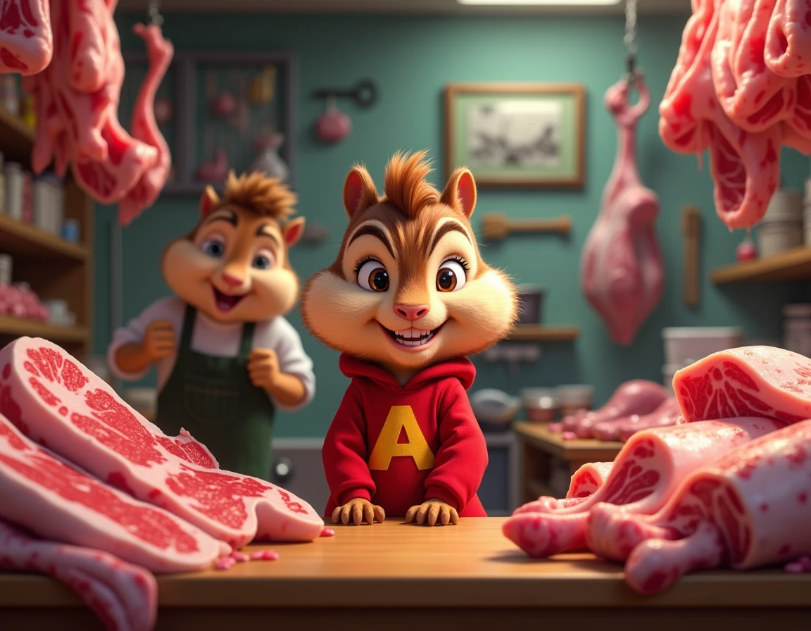 Alvin from the Chipmunks movie, 4K, cartoon style, inside the butcher ...