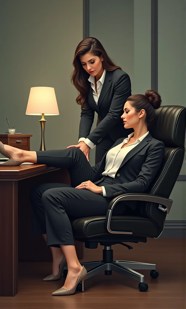 Lady boss put her feet up on the desk in the office. the secretary sat ...