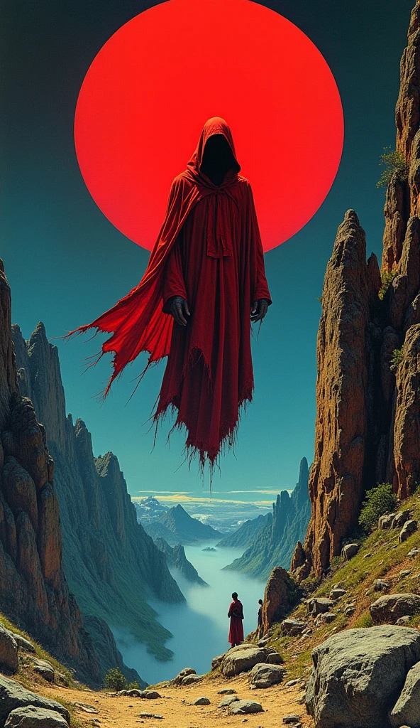 1970s paperback fantasy depicting a red robed hooded figure floating ...