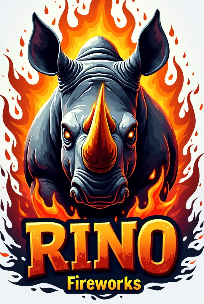 Create a logo for me pyrotechnics brand with a rhinoceros and the name ...
