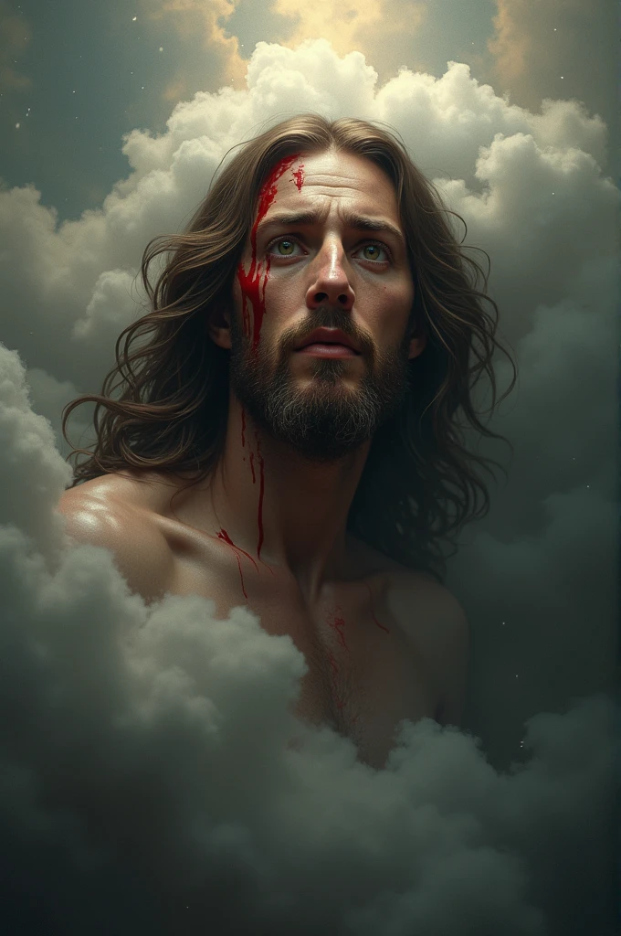 Jesus crying blood descending on the clouds looking ahead - SeaArt AI