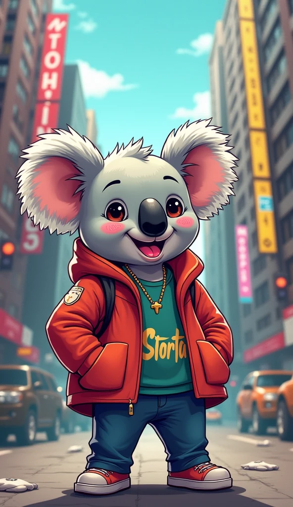 Create a fun and lively illustration of a cheerful koala wearing a ...