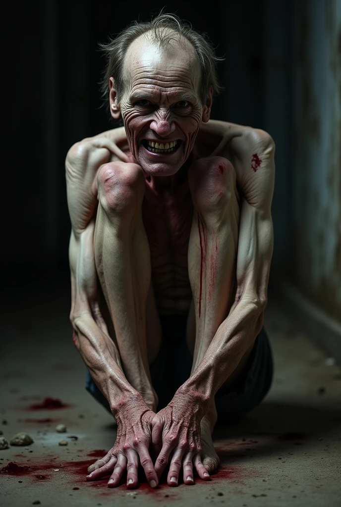 A man sits on the floor, his body frail and emaciated, the skin ...