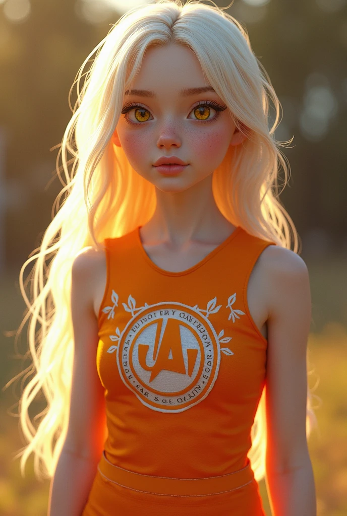 A girl, white skin, long straight blonde hair, soft yellow slanted eyes ...