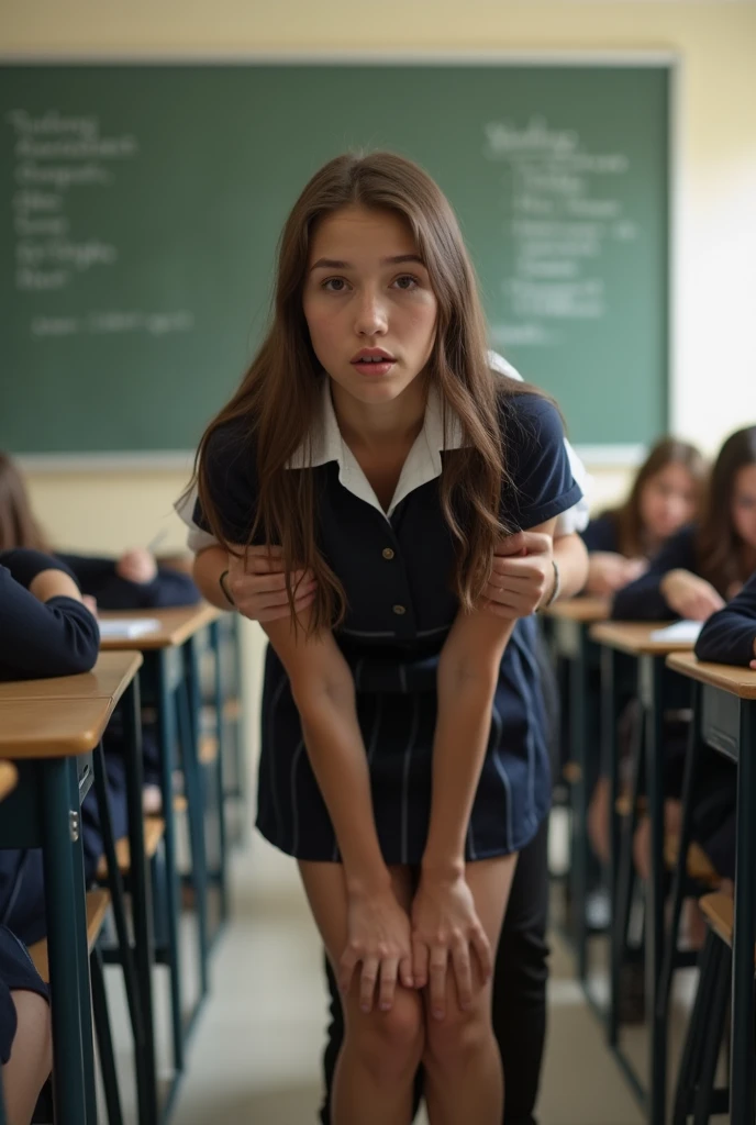 Gorgeous young woman in a short, tight school uniform bending over on ...