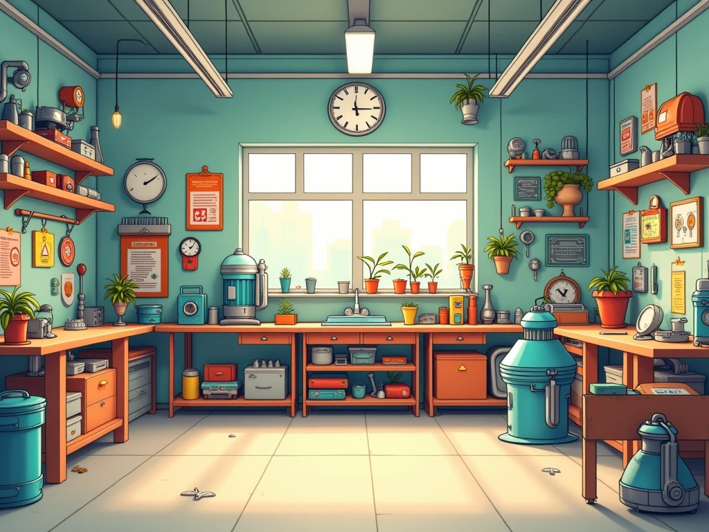 Empity machine worksop room cartoon with nice housekeeping - SeaArt AI