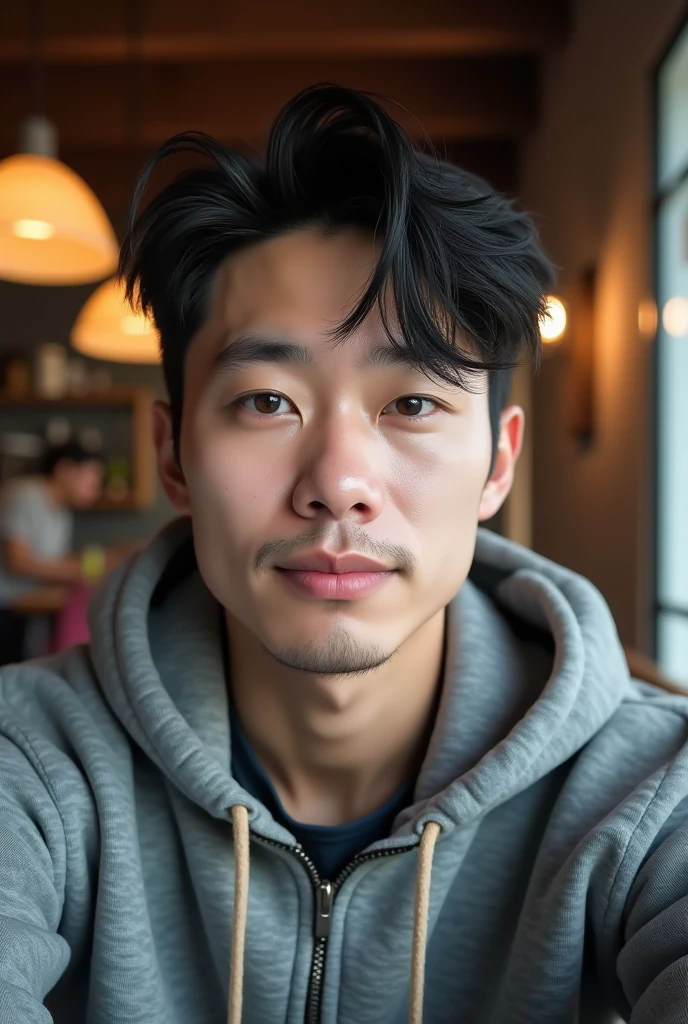 Korean Japanese mixed race male cafe background handsome man gray ...