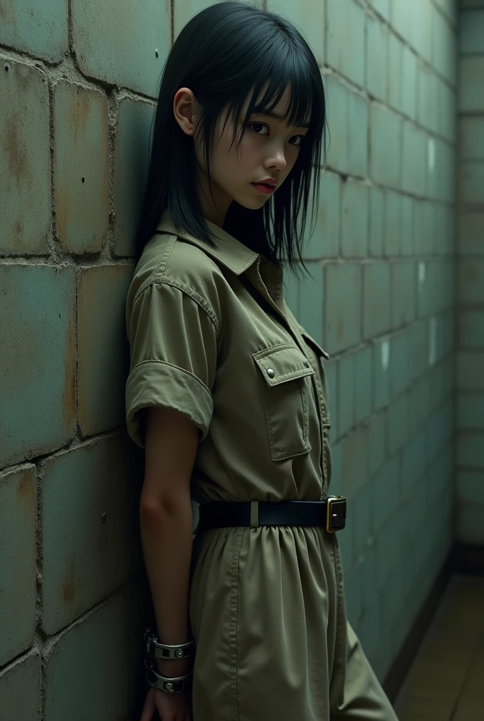A girl in a prison cell in chains and hands cuffed behind back and a ...