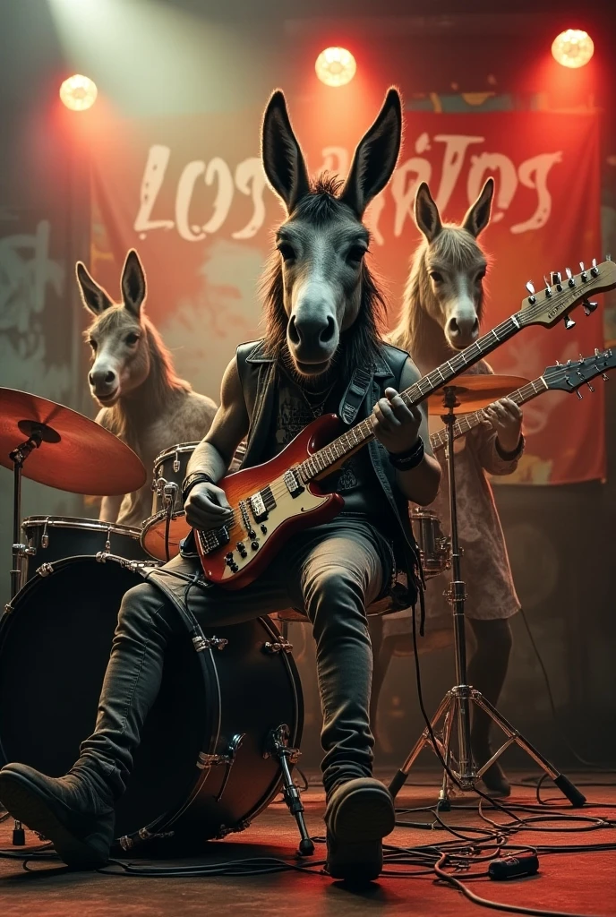 A rock band with donkeys where you can see the drummer and on stage say ...