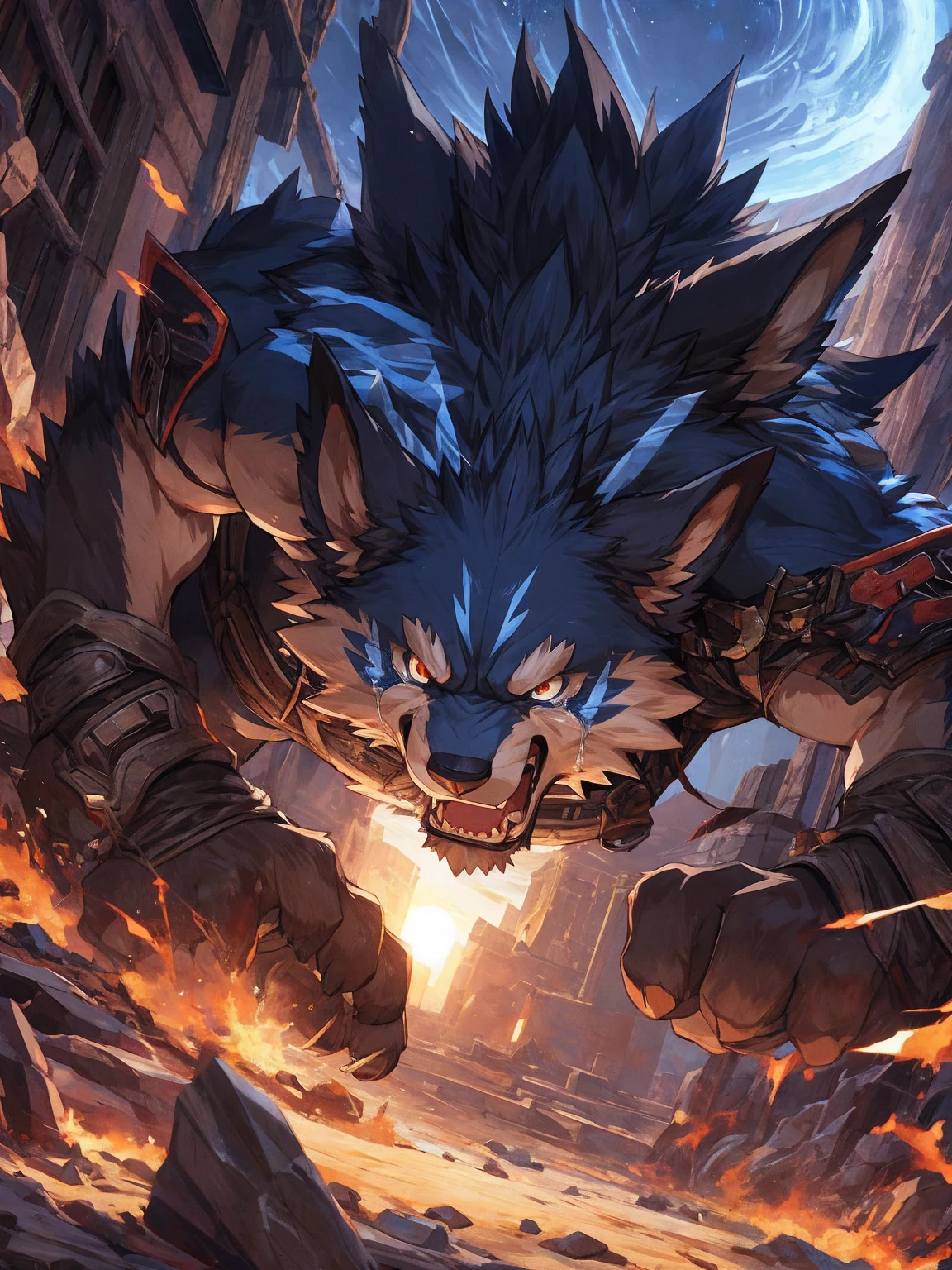 Werewolf, (Short red hair:1.2), (midnight blue toned fur:1.3 - SeaArt AI