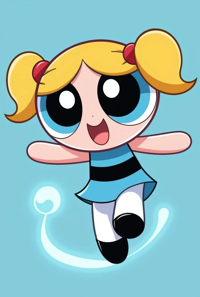 Powerpuff Girl with blonde pigtails, baby blue eyes, baby blue dress ...