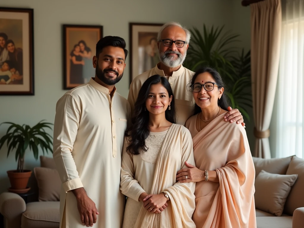Create a realistic image of an Indian couple with their parents during ...