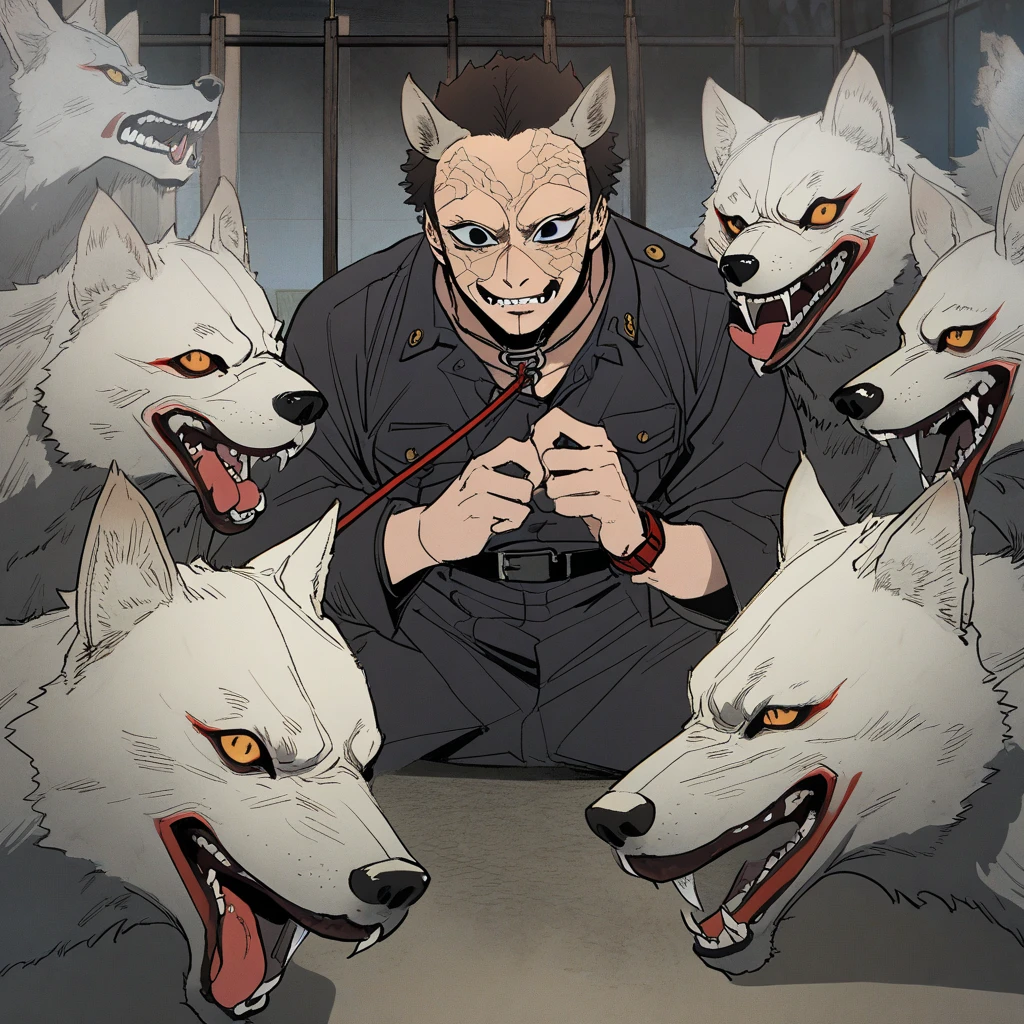 Kimetsu no yaiba, demon, brown police uniform, dog ears, dogs - SeaArt AI