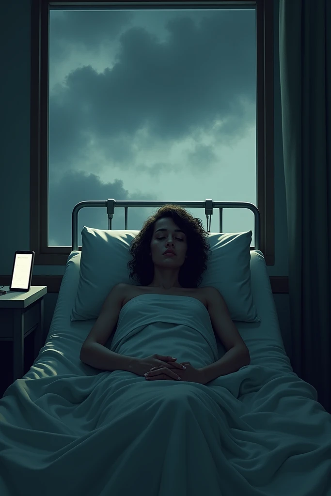 A hospital bed with dim lighting and a solitary figure lying on it ...