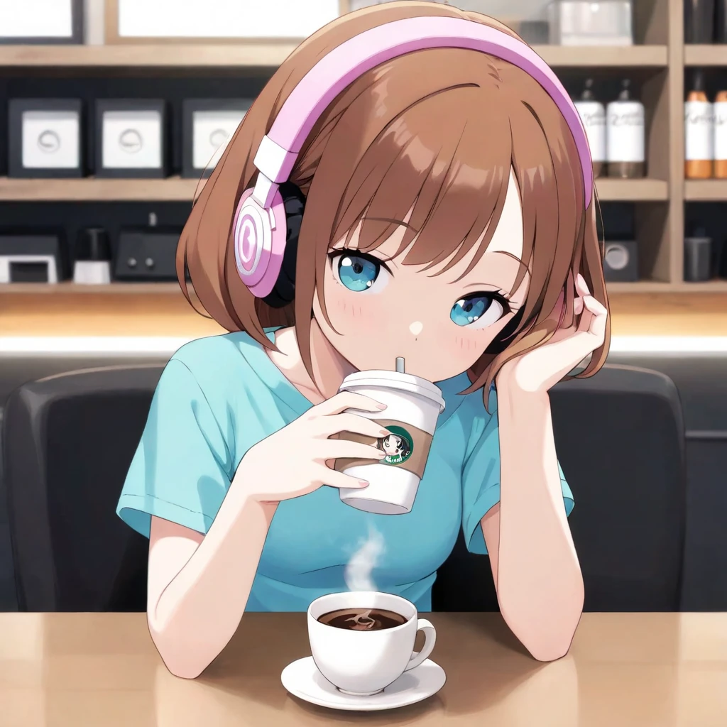 anime girl with headphones DRINK COFFEE and listening to music - SeaArt AI