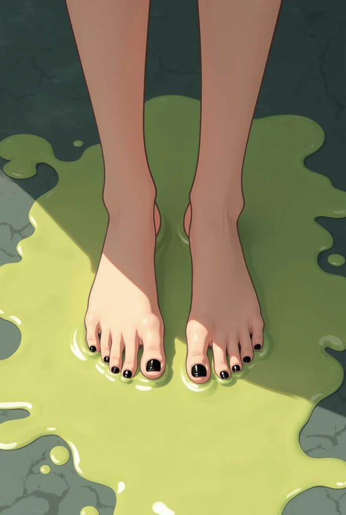 Close up of anime female **** black pedicured bare feet standing on a ...