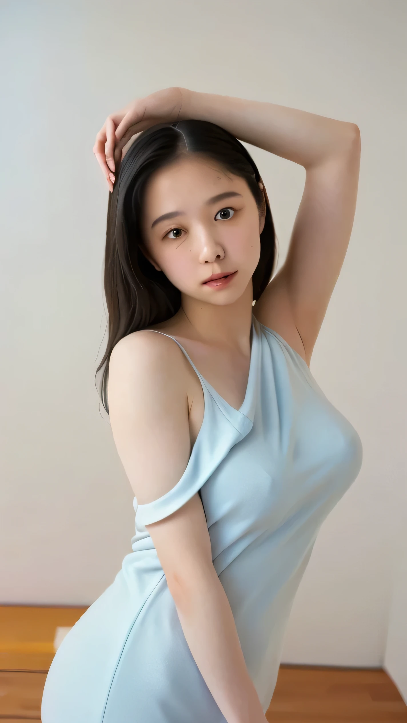 Arafed asian woman in a blue dress posing for a picture - SeaArt AI