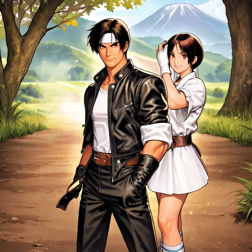 anime character in the woods 、There is a mountain in the background ...