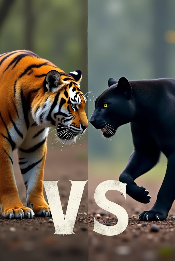 Prompt: Design a dramatic split-screen image with a tiger on the left ...