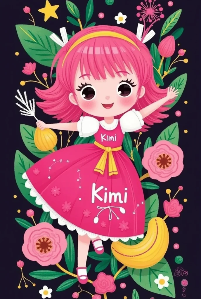 A cute kawaii girl with pink hair and big eyes, surrounded by colorful ...