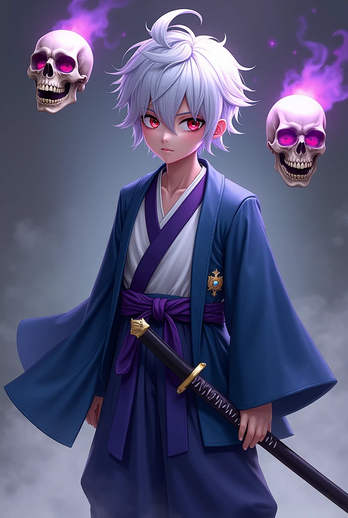 Samurai boy. one red eye and one black eye. white hair. blueish jacket ...