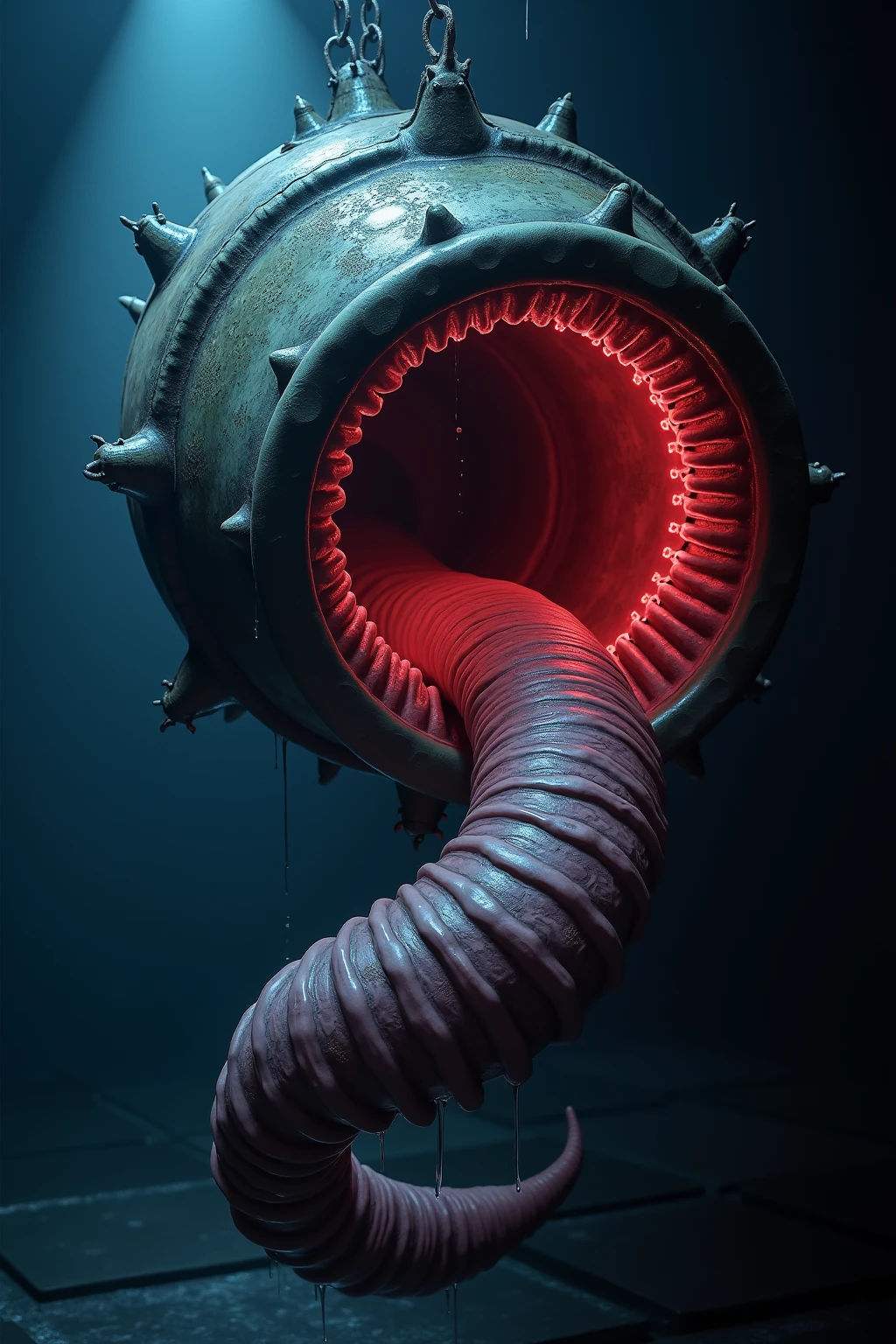 A massive, tubular bio-organic creature suspended upside-down from the ...