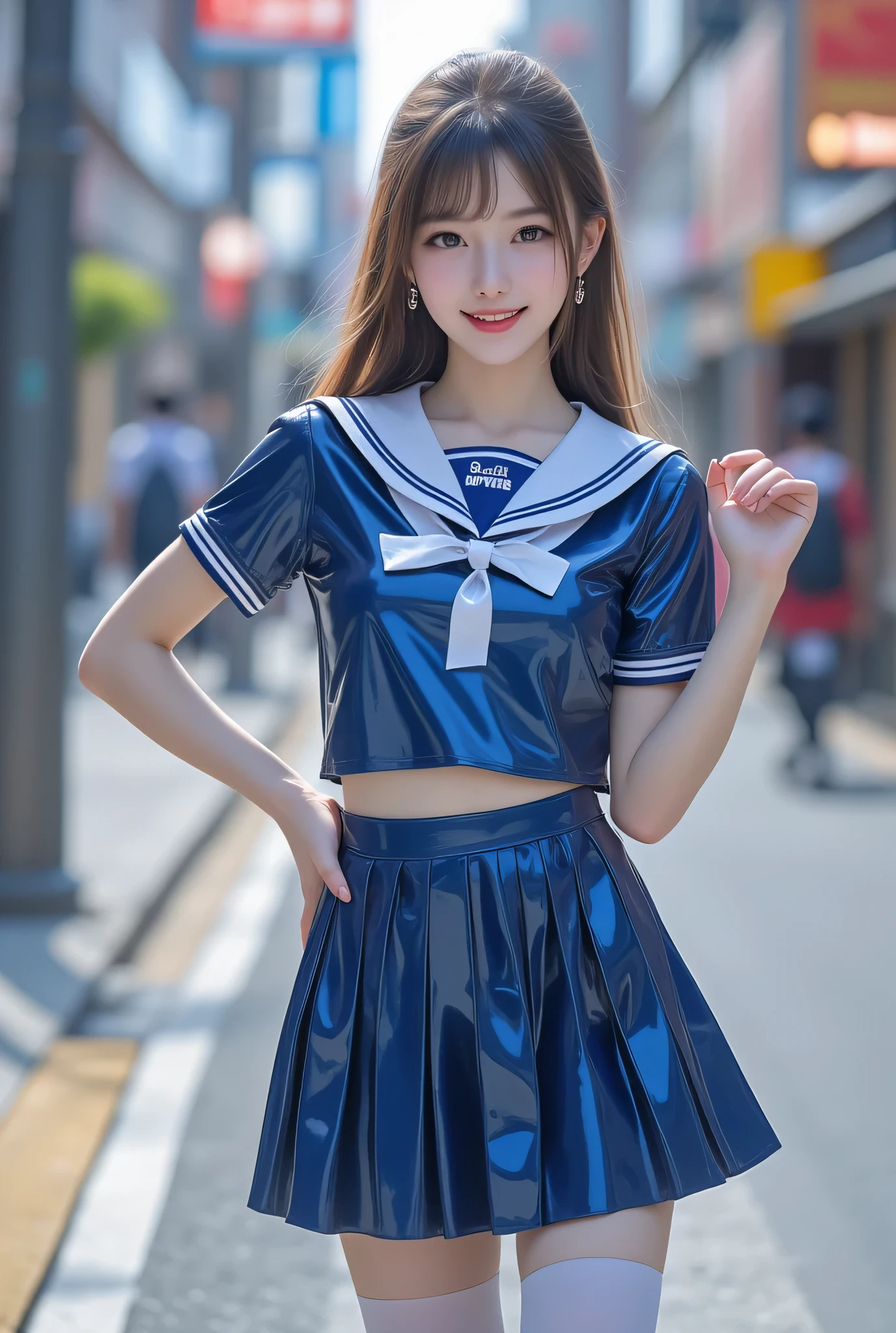 Arafed asian woman in a blue uniform posing for a picture - SeaArt AI