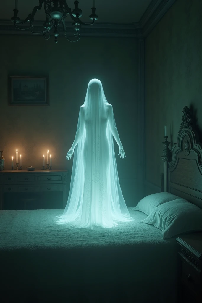 A scary bedroom with a beautiful ghost - SeaArt AI