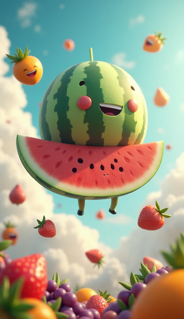 Watermelon Flying On Sky Fruits Watching And Smiling. High Resolution ...
