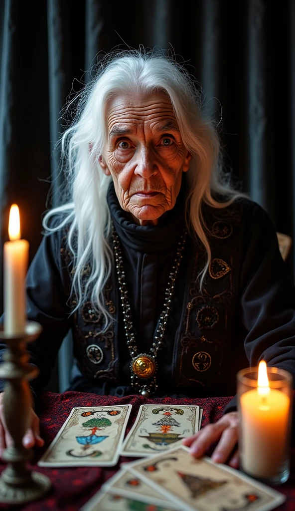 An elderly fortune teller seated at the table covered in tarot cards ...