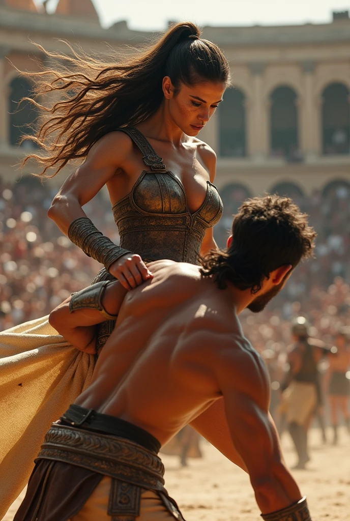 A beautiful female gladiator carrying a male gladiator getting ready to slam him - SeaArt AI