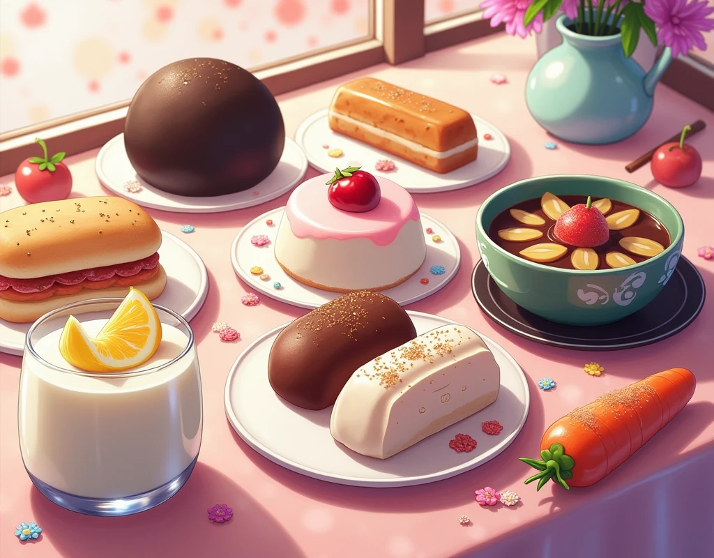 Anime style,Sweets buffet, sweets on the table, black round cotton ...