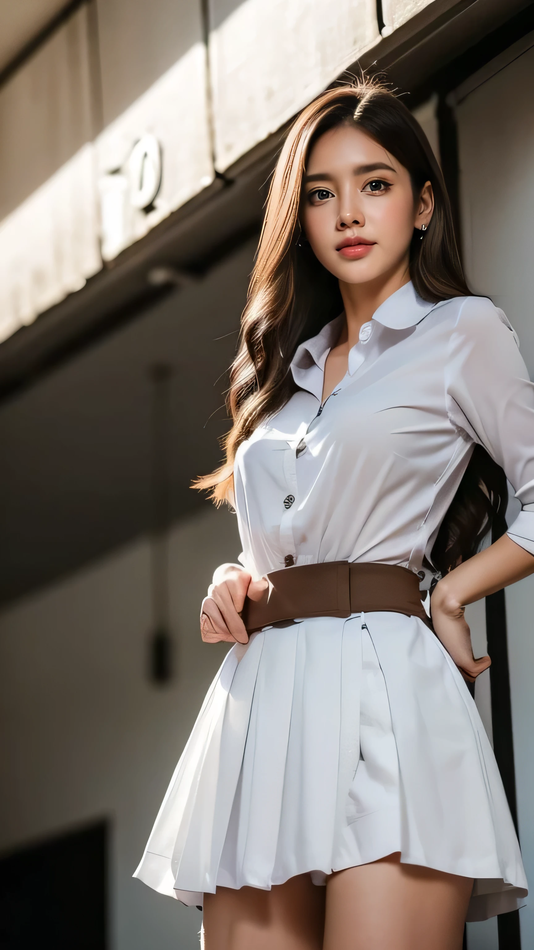 Arafed woman in a white shirt and skirt posing for a picture - SeaArt AI