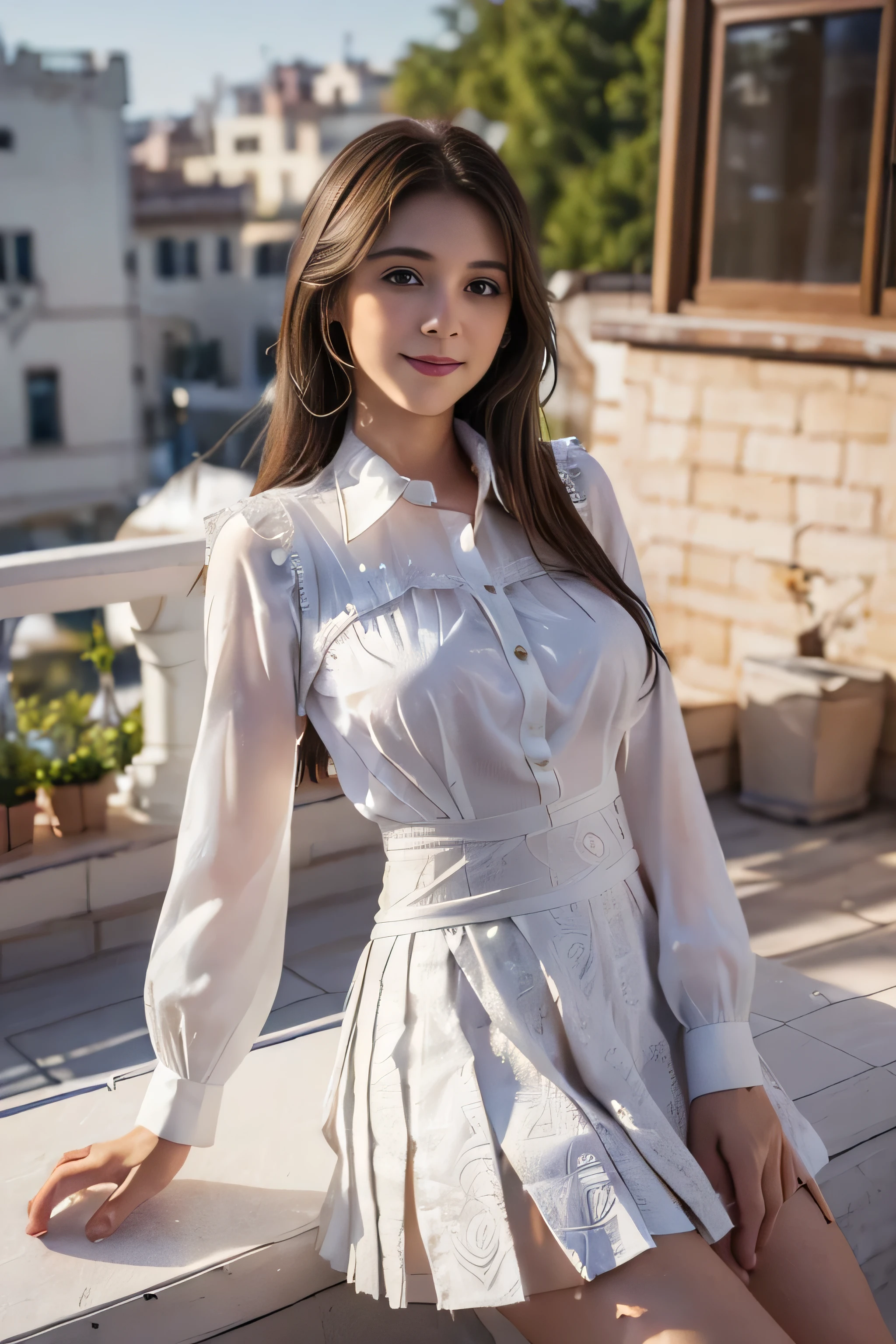Arafed woman sitting on a ledge in a white dress - SeaArt AI