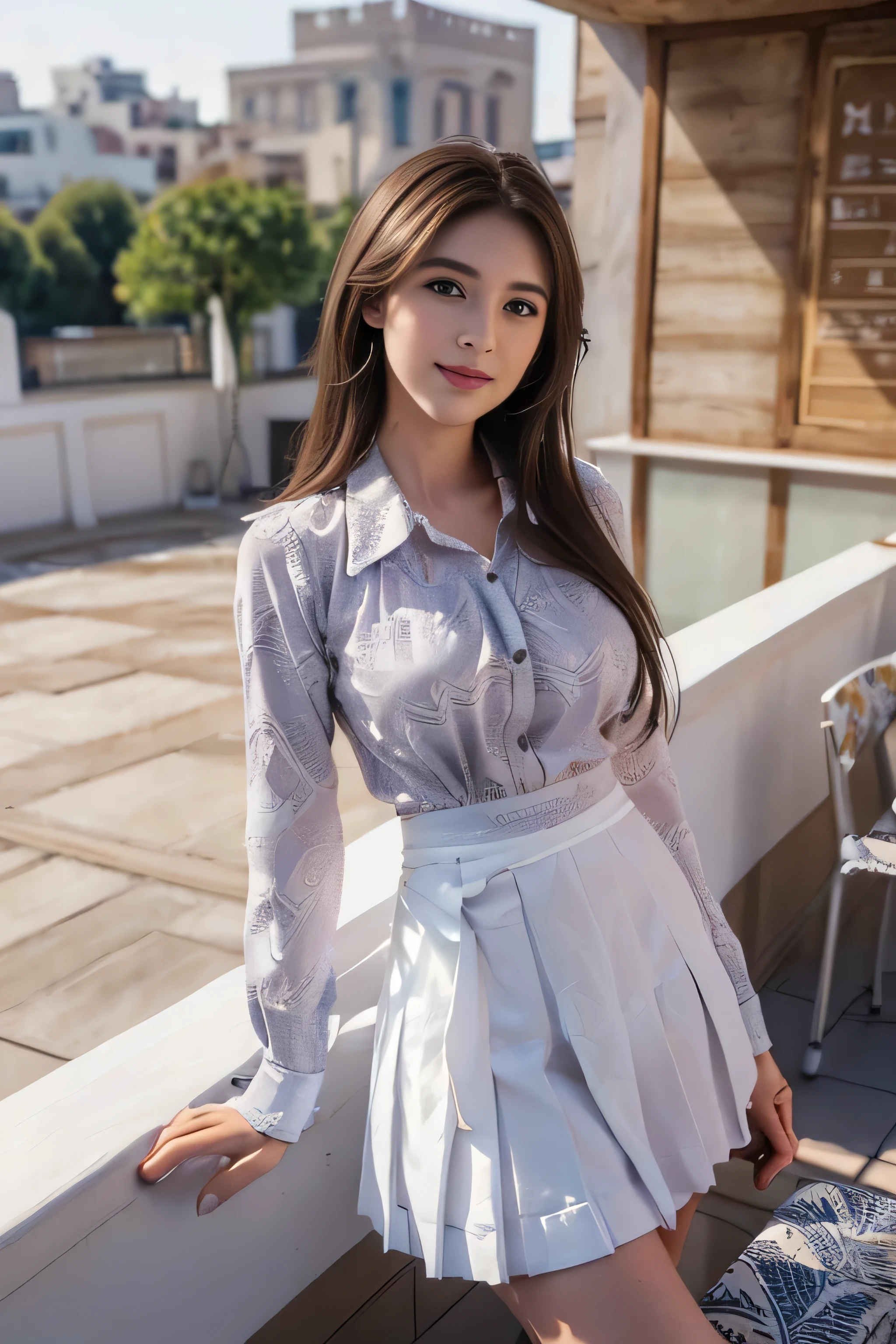 Araffe woman in a white shirt and skirt posing on a balcony - SeaArt AI