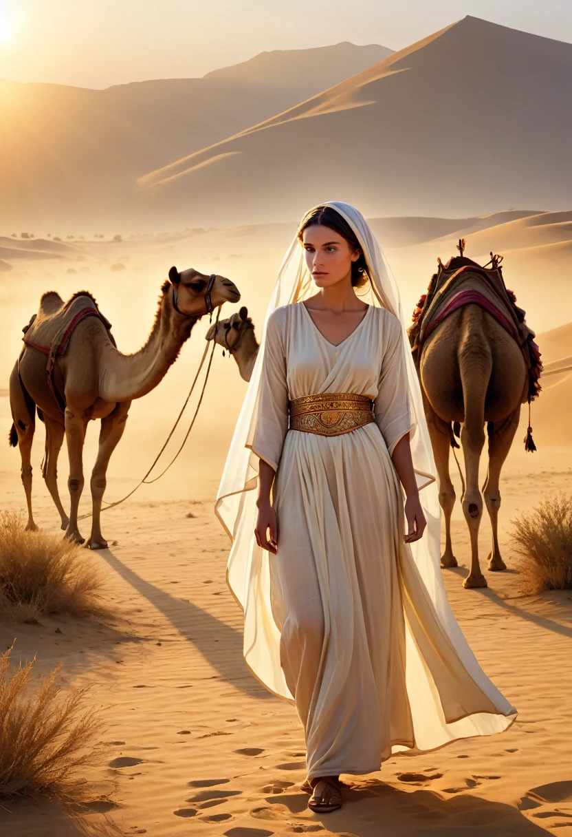 A serene and emotional scene depicting the biblical meeting of Rebekah ...
