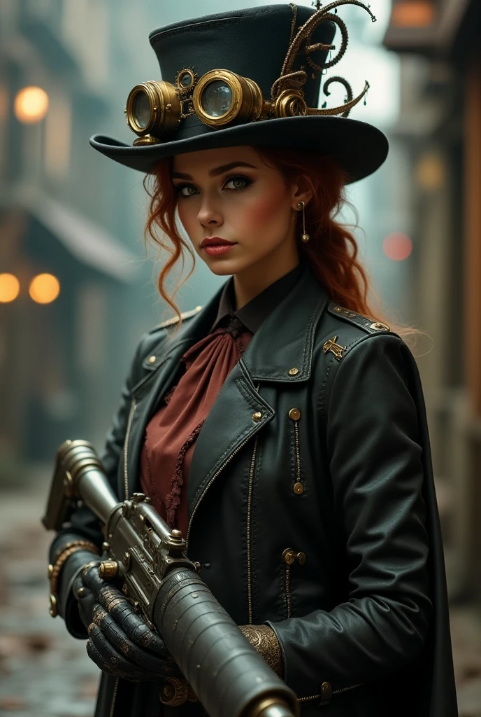 There's a woman wearing a Steam Punk hat and holding a gun., Steampunk ...