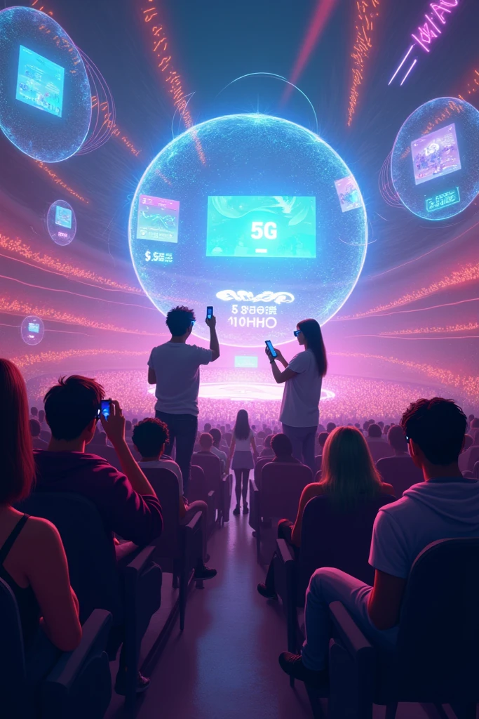 A vibrant and dynamic scene depicting a futuristic entertainment venue ...